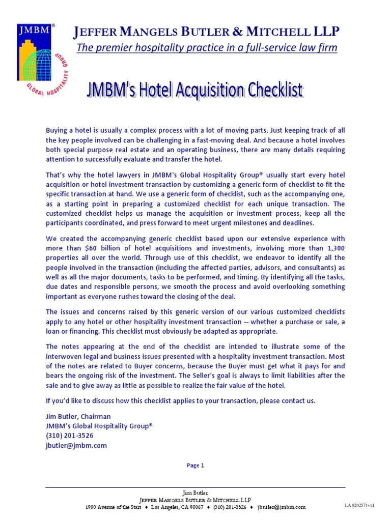 JMBM Hotel Acquisition Checklist | PDF | Lease | Mergers And Acquisitions