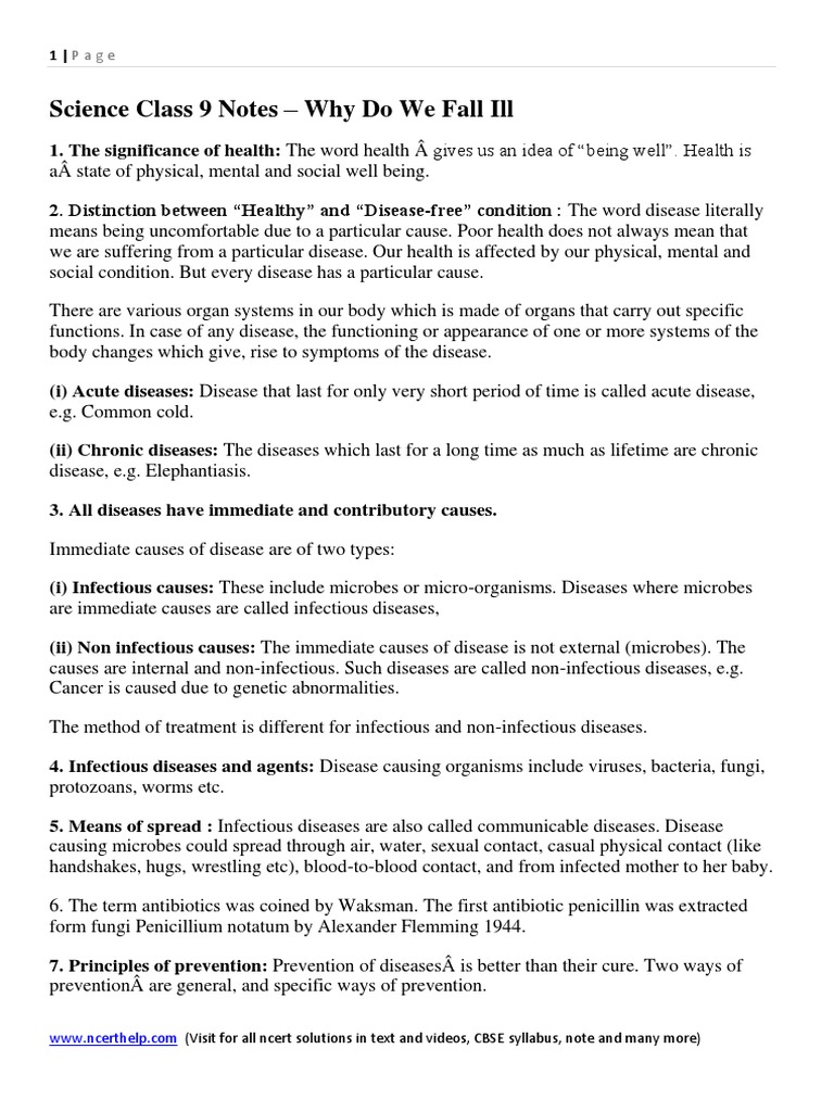Science Class 9 Notes Why Do We Fall Ill PDF | Download Free PDF ...