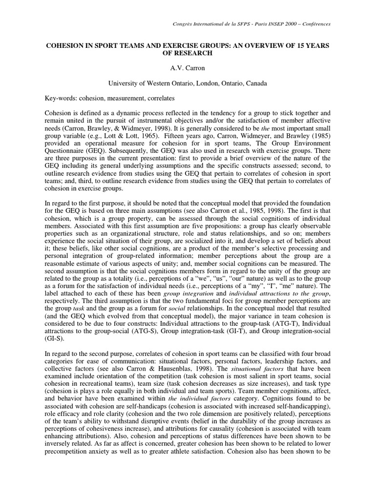 Carron - Cohesion in Sport Teams | PDF | Group Cohesiveness | Affect ...