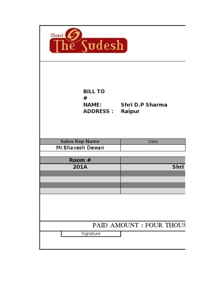 Bill To # Name: Shri D.P Sharma ADDRESS: Raipur: Paid Amount: Four ...