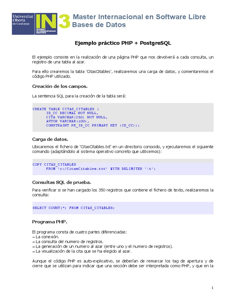 Ejemplo PHP con PostgreSQL: Citas Aleatorias | PDF | SQL | Php