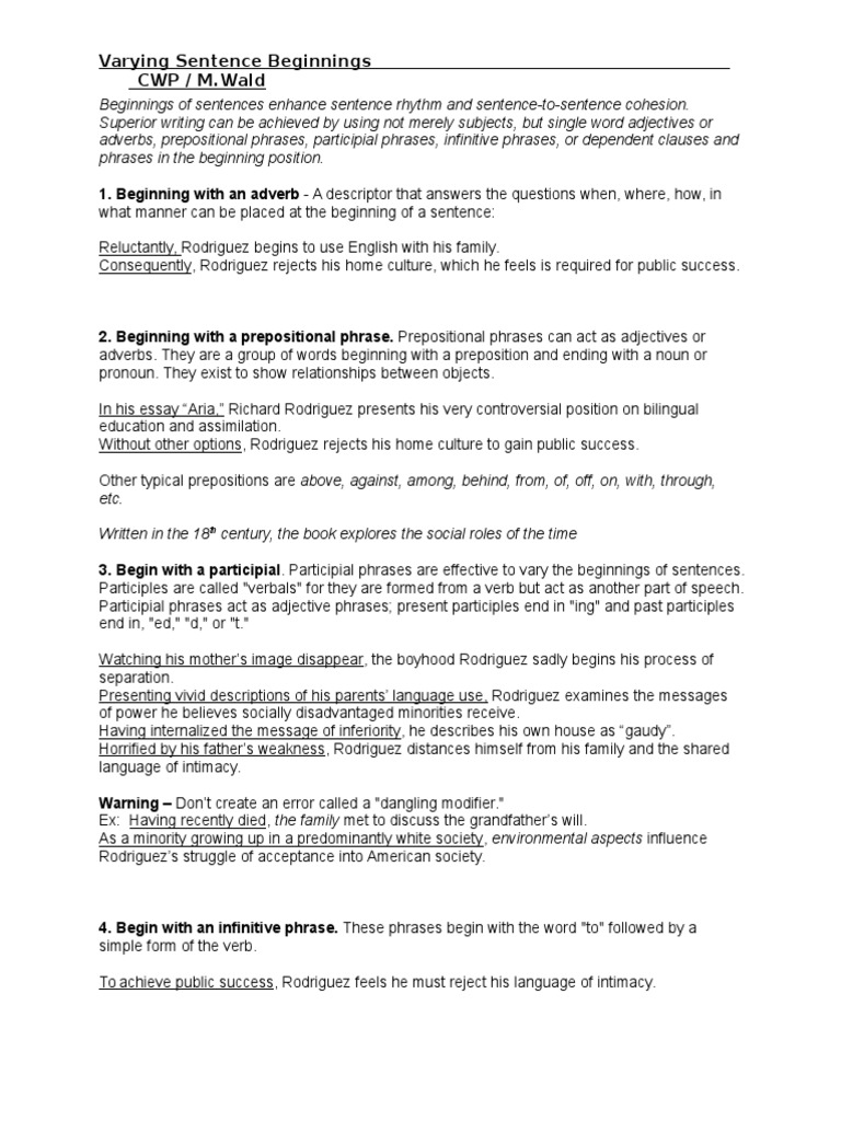 Sentence Beginnings | Download Free PDF | Phrase | Preposition And ...