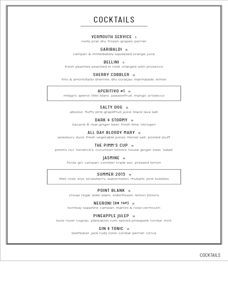 Dante Aperitivo Menu Overview | PDF