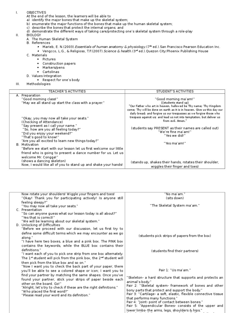 Detailed Lesson Plan - Skeletal System | PDF | Skeleton | Bone