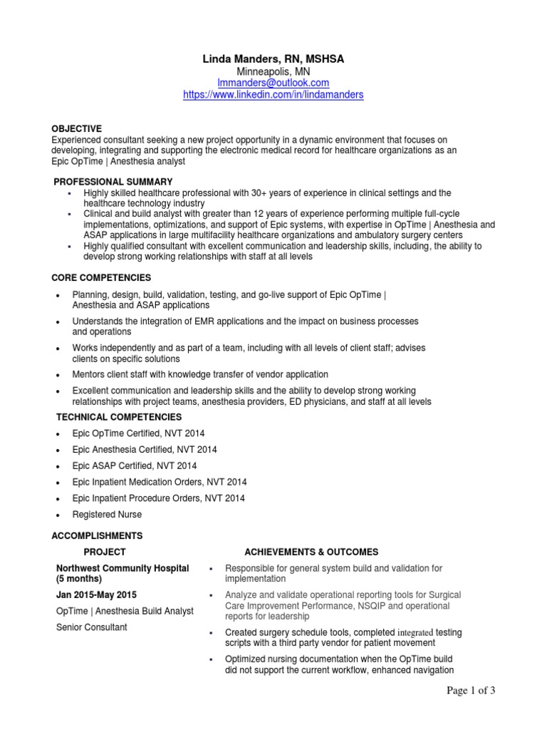Sr Epic Optime Consultant in USA Resume Linda Manders | Nursing | Surgery