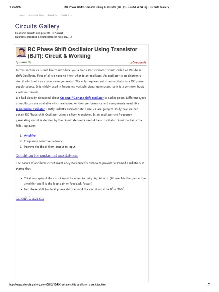 RC Phase Shift Oscillator Using Transistor (BJT) - Circuit & Working ...
