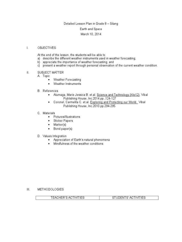 Grade 8 Weather Forecasting Lesson Plan | PDF | Weather Forecasting ...