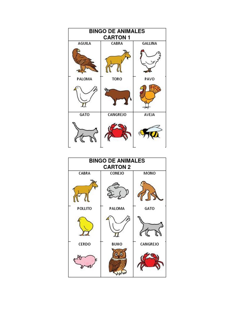 Bingo de Animales para Imprimir | PDF | Pollo | Ganado