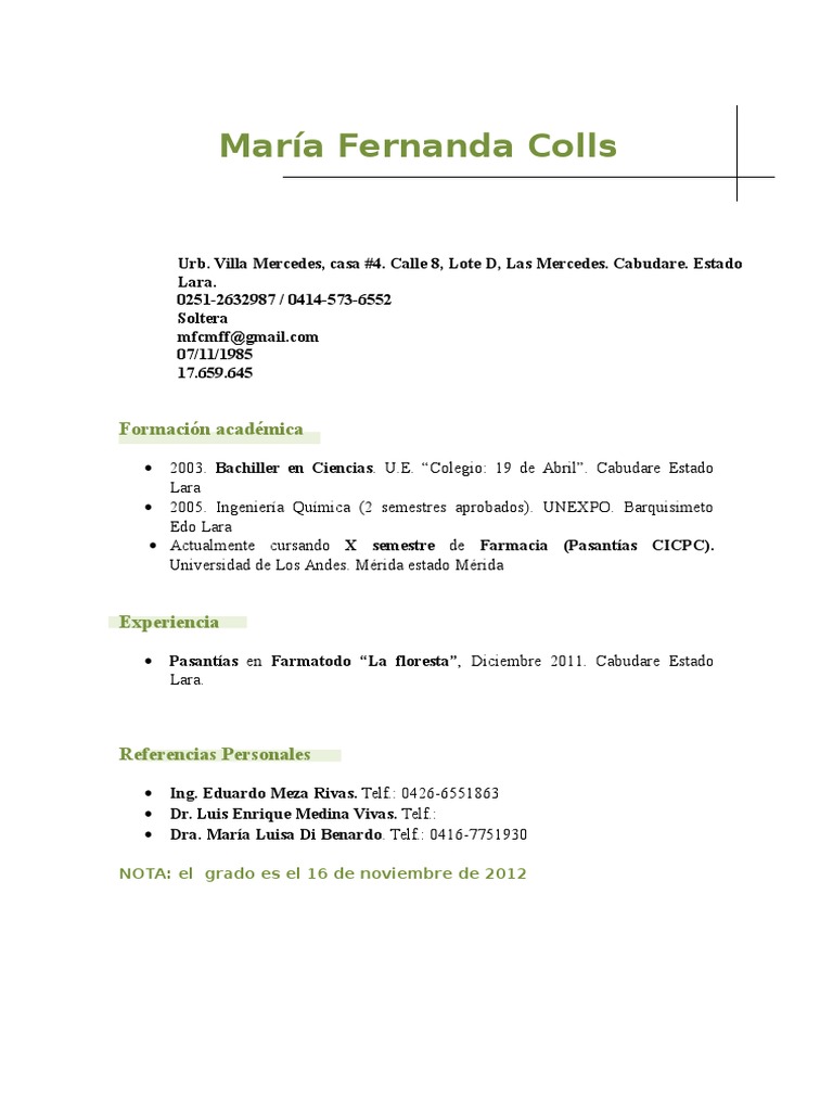 CV María Fernanda Colls | PDF | Salud y bienestar