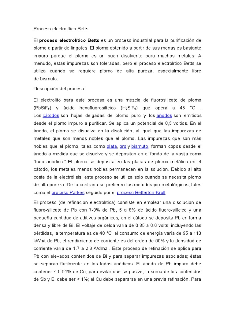 Proceso Electrolítico Betts | PDF | Dirigir | Elementos químicos