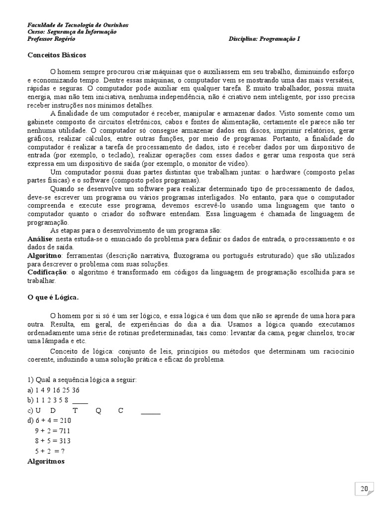 Aula 01 - Introdução A Lógica - Python | PDF | Algoritmos | Python ...