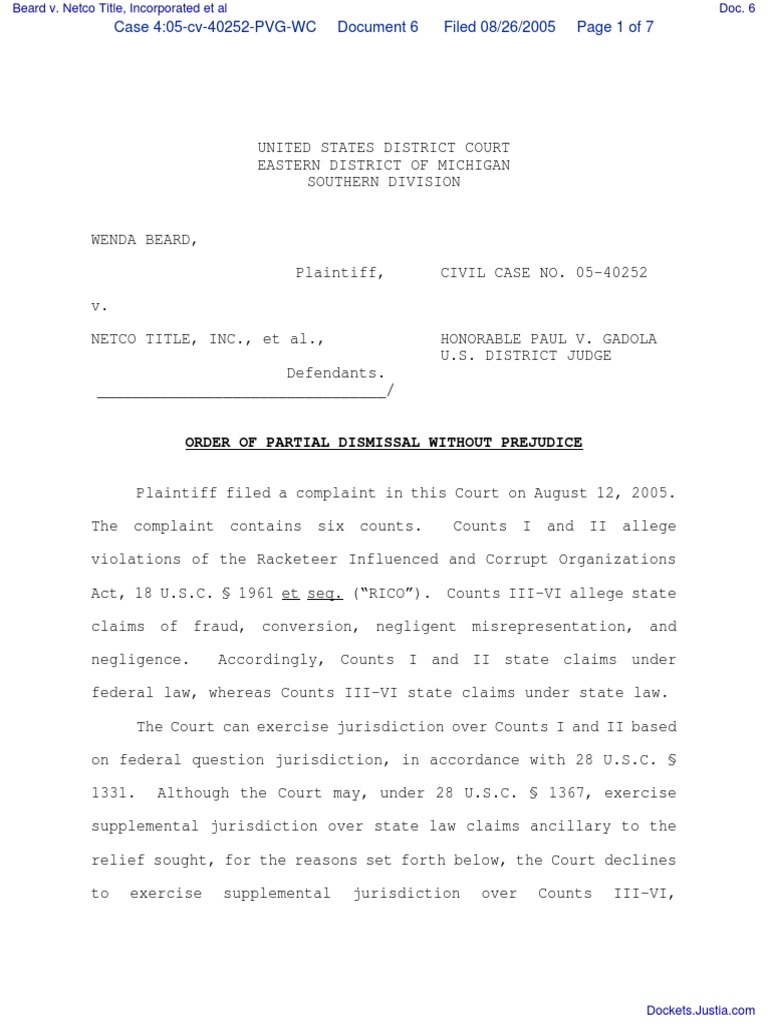 Federal Claims Proceed, State Dismissed | PDF | Supplemental ...