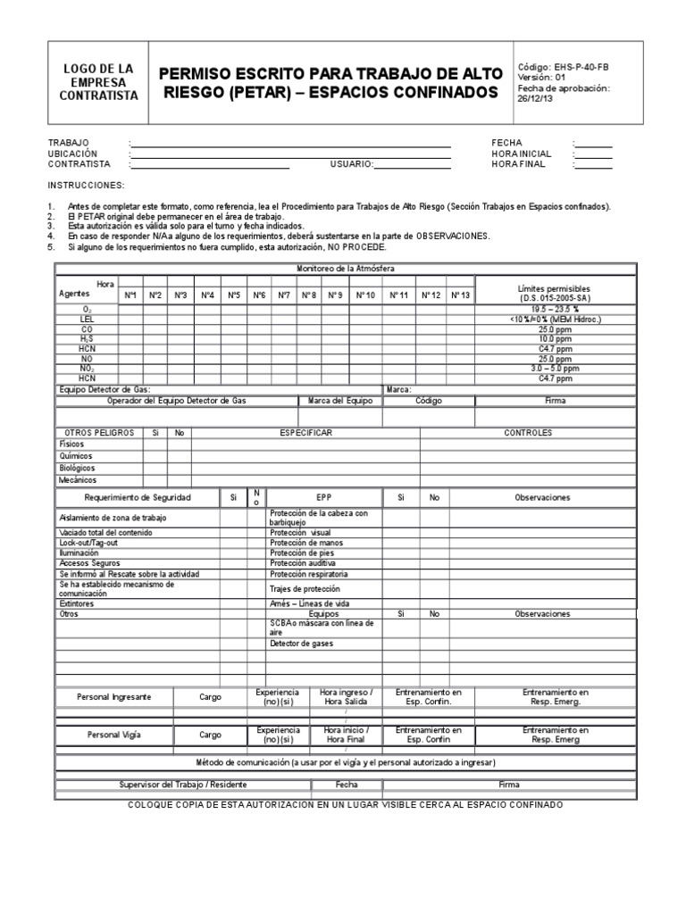 1026-EHS-P-40-FB Permiso Escrito para Trabajos de Alto Riesgo (PETAR) - Espacios Confinados | PDF