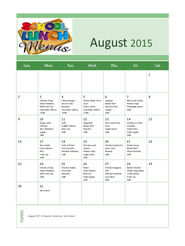 August 2015 School Lunch Menu | PDF | Cooking, Food & Wine | Wellness