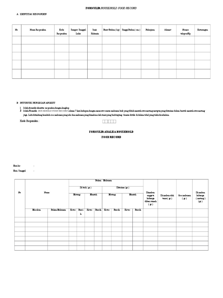 Formulir Household Food Record | PDF