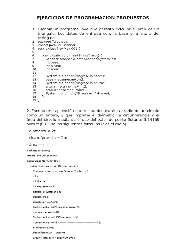 Ejercicios de Programacion Propuestos Desarrollado | PDF | Java (lenguaje de programación) | Pi