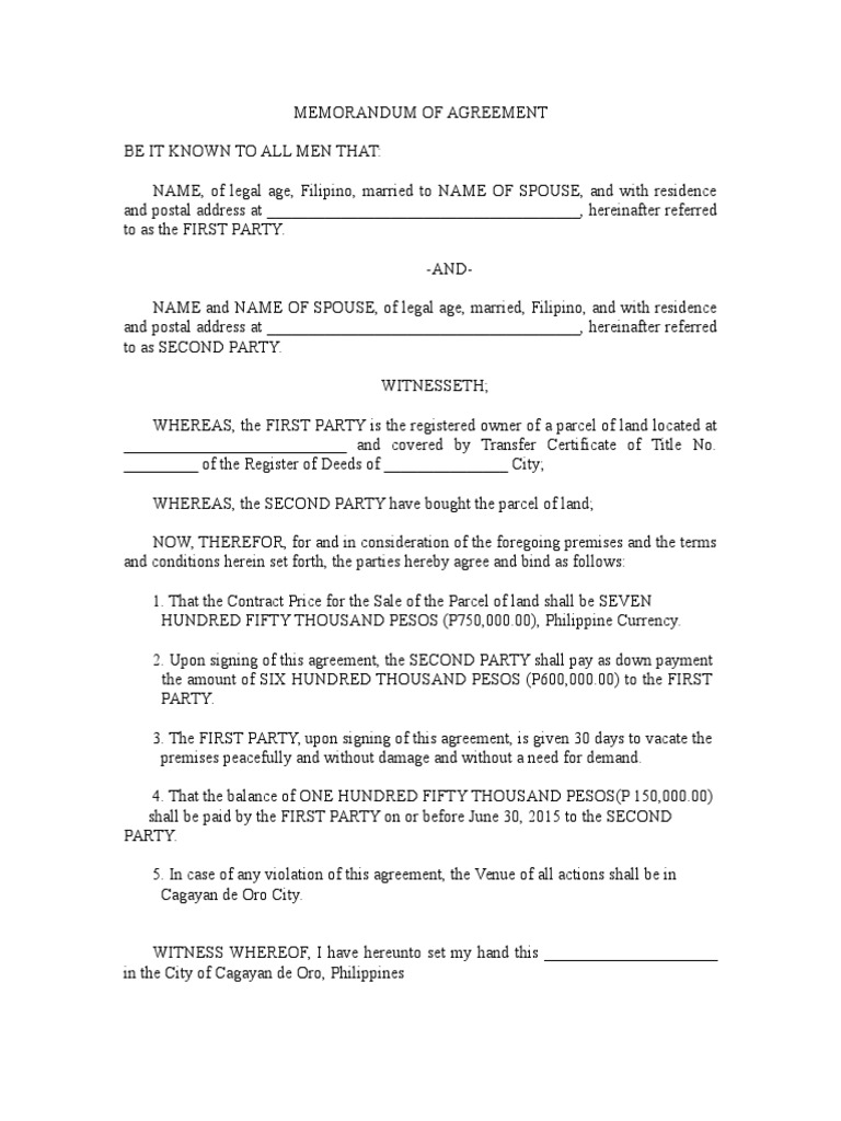 Memorandum of Agreement Sample | PDF | Civil Law (Legal System) | Justice