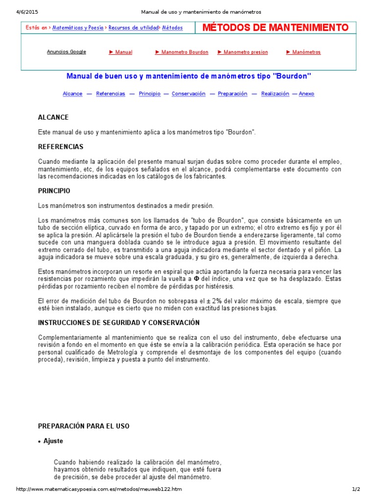 Manual de Uso y Mantenimiento de Manómetros | PDF | Medida de presión ...