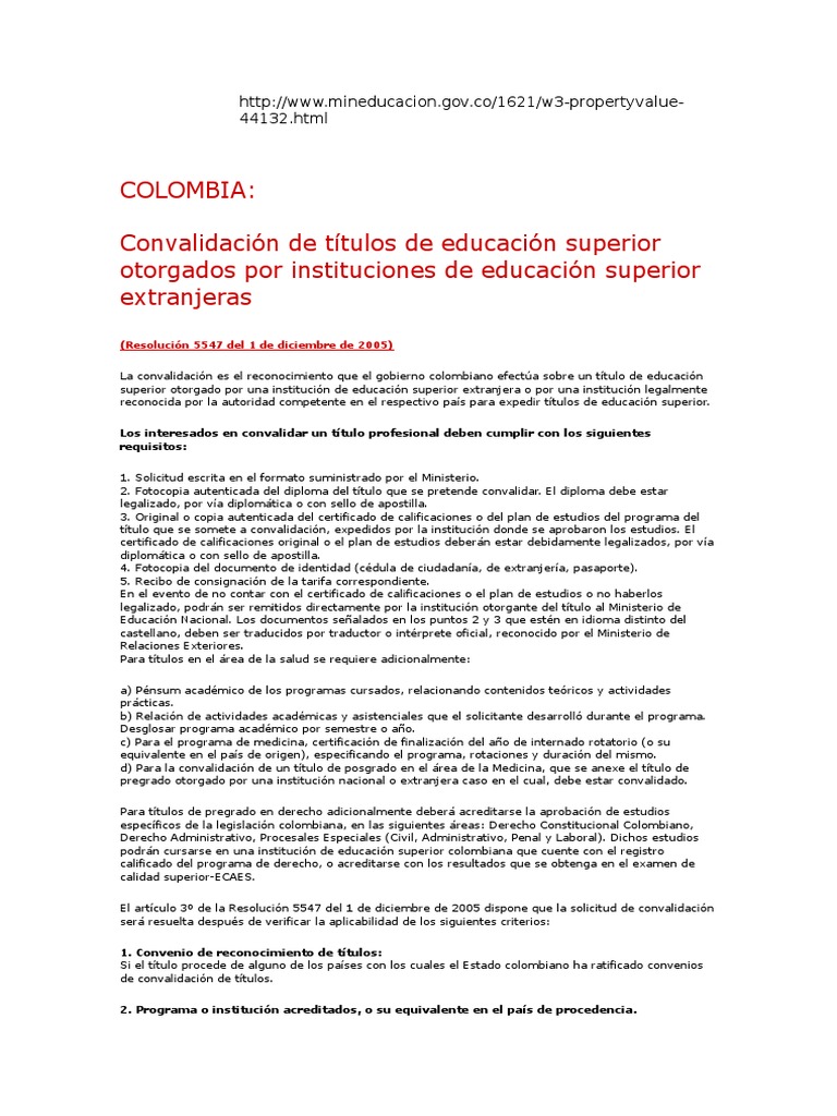 Información Convalidación Homologación de Título en Colombia y Argentina | PDF | Educación más ...