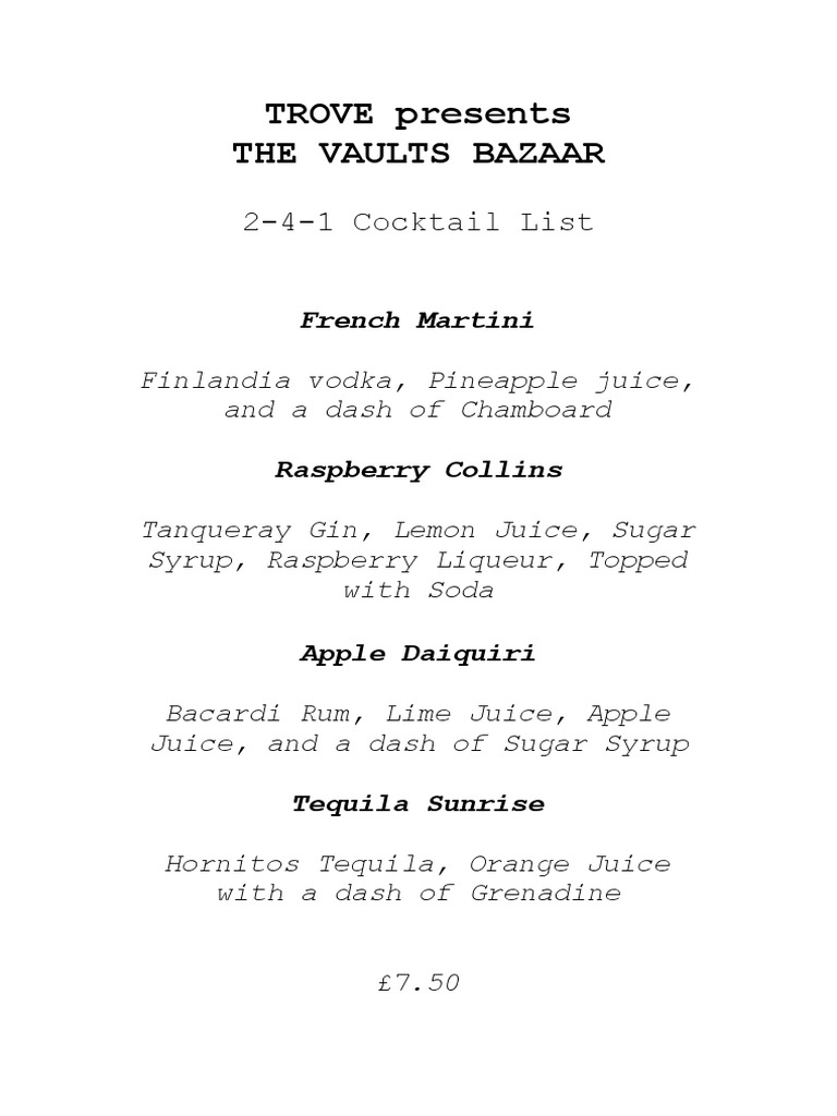 Trove Cocktail Menu and Prices | PDF