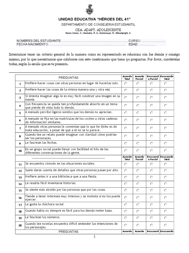 Cuestionario TEA | PDF | Cuestionario | Sicología