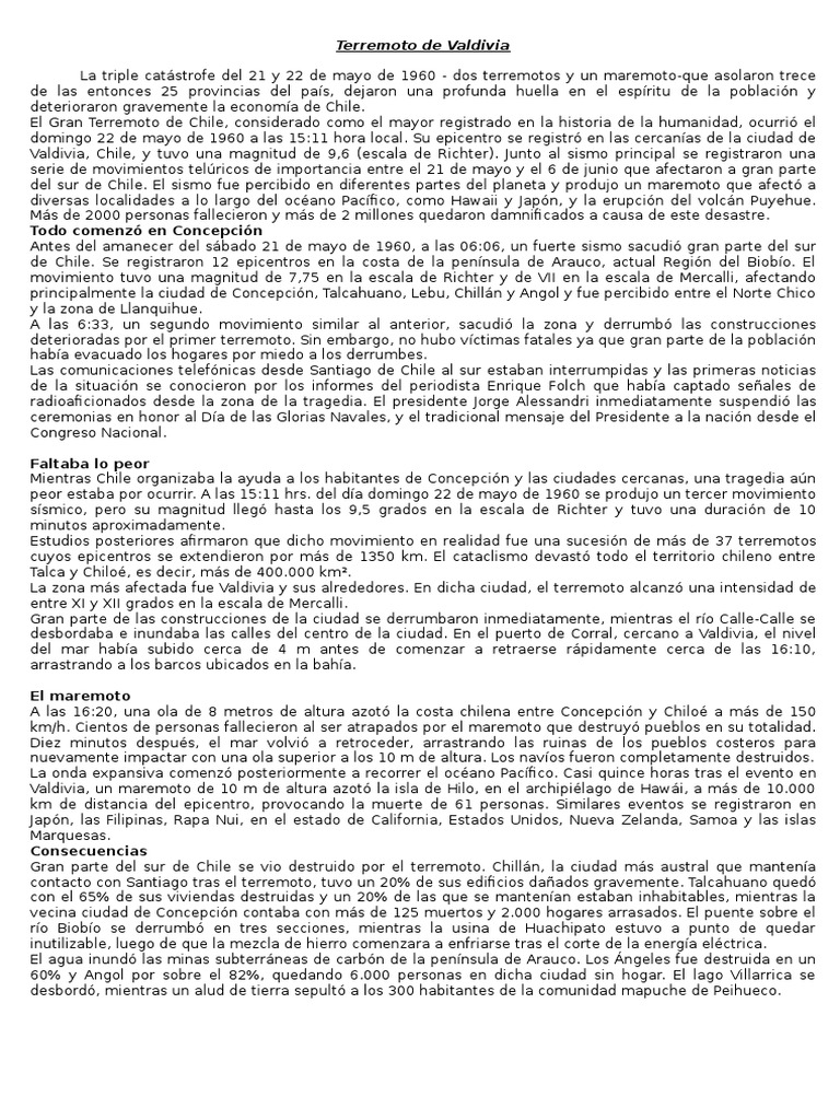 Terremoto de Valdivia: Catástrofe 1960 | PDF | Sismología | Temblores