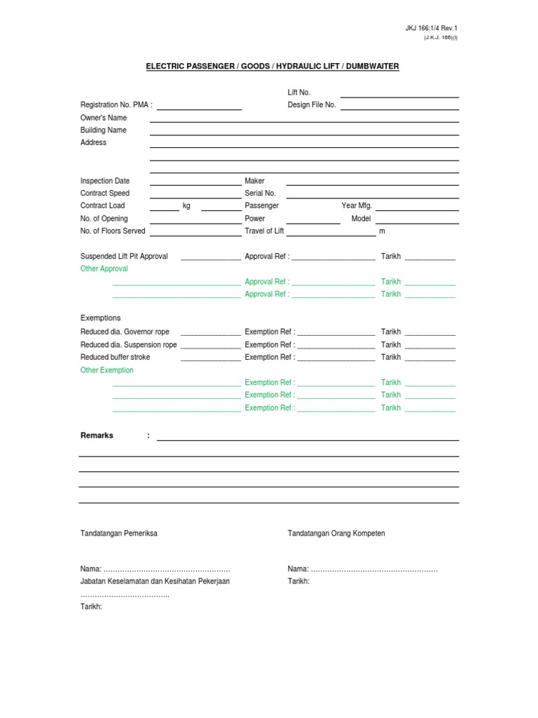 JKJ 166 Lift Inspection Checklist | PDF | Business | Computers