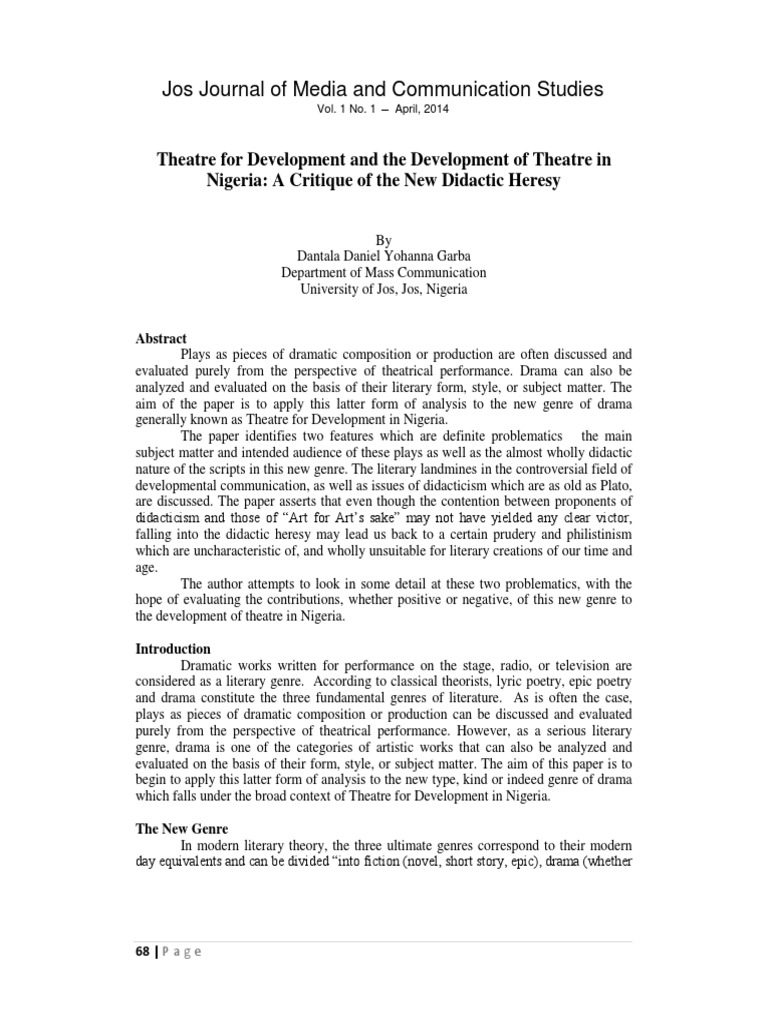 Theatre For Development and The Development of Theatre in Nigeria: A ...