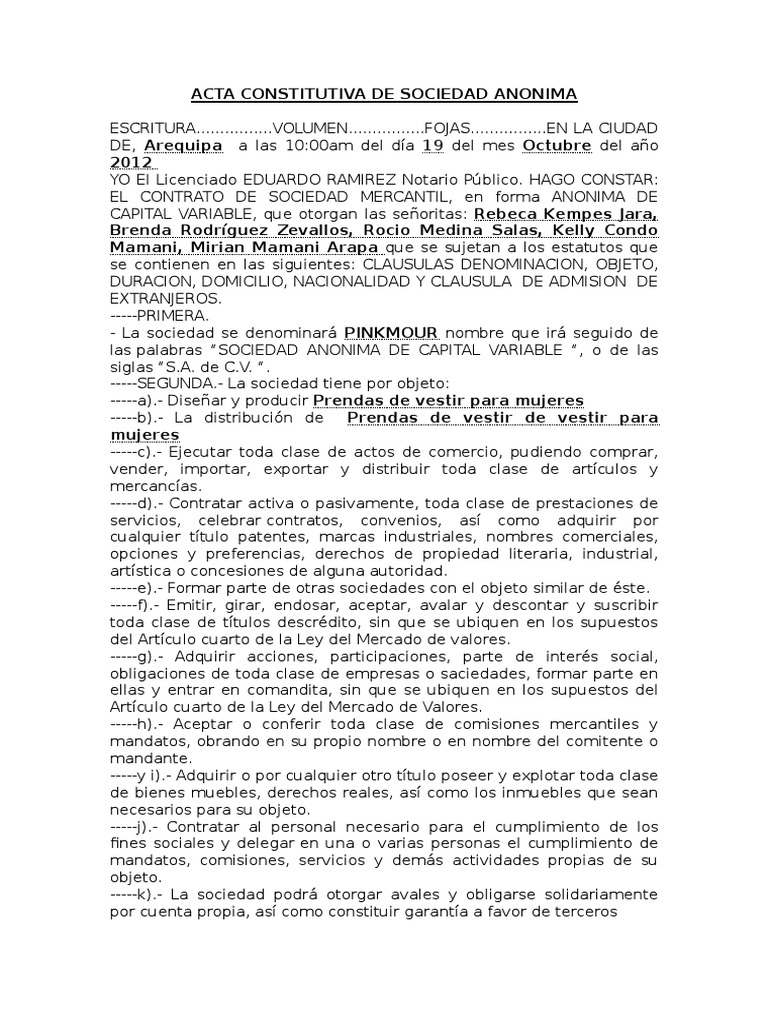 Acta Constitutiva de Sociedad Anonima | PDF | Liquidación | Compartir (Finanzas)
