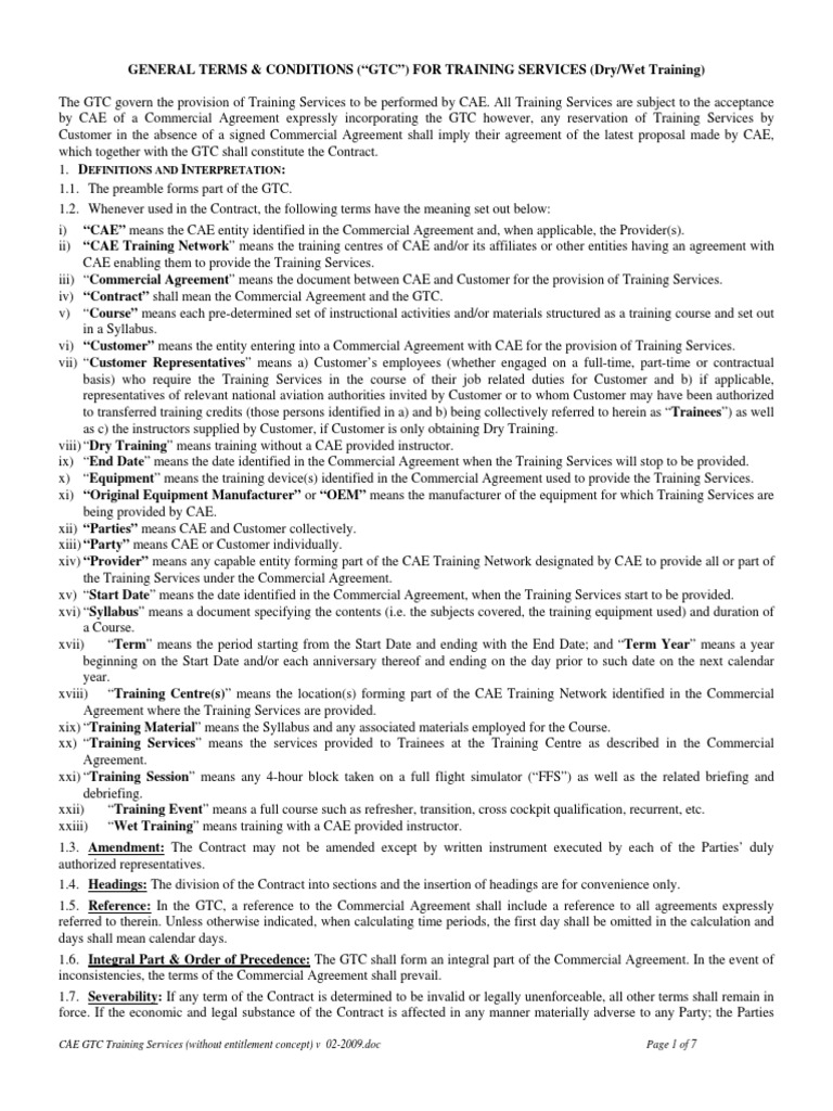 CAE GTC Training Services | PDF | Indemnity | Liability Insurance