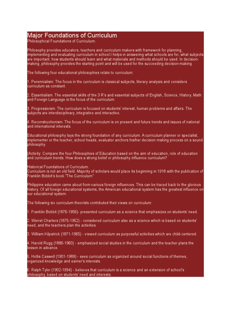 Major Foundations of Curriculum | PDF | Curriculum | Philosophy Of ...