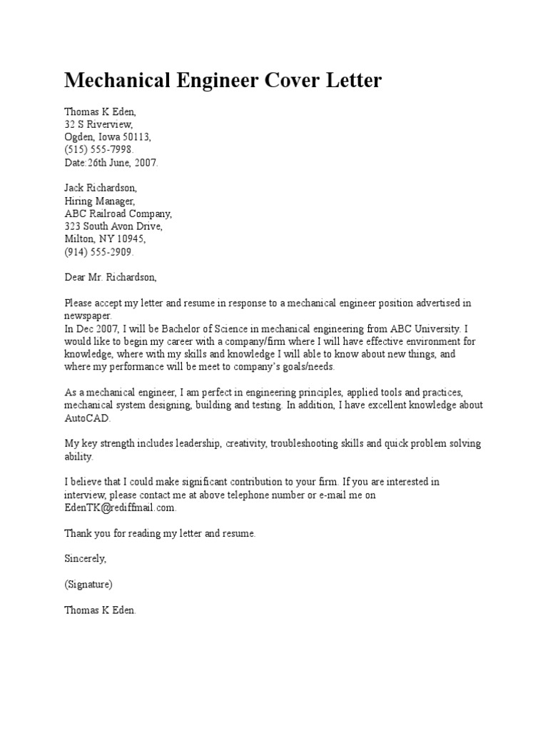 Mechanical Engineer Cover Letter Ajay | PDF