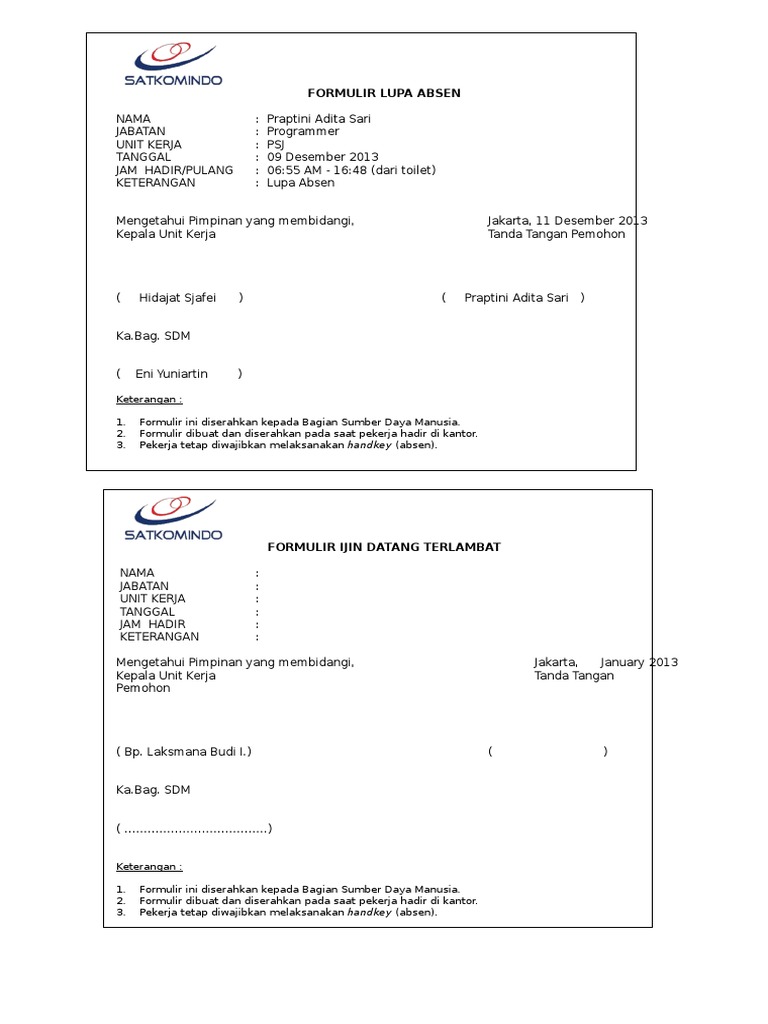 Form Lupa Absen | PDF