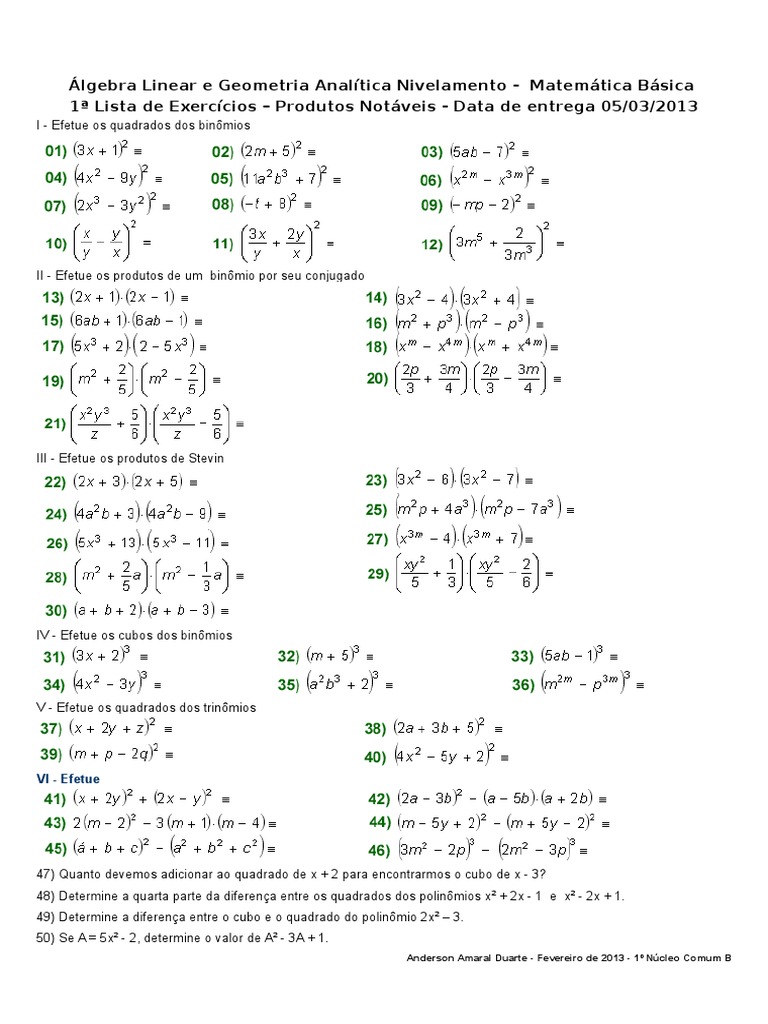 4 Lista de Exercícios - Produtos Notáveis | PDF