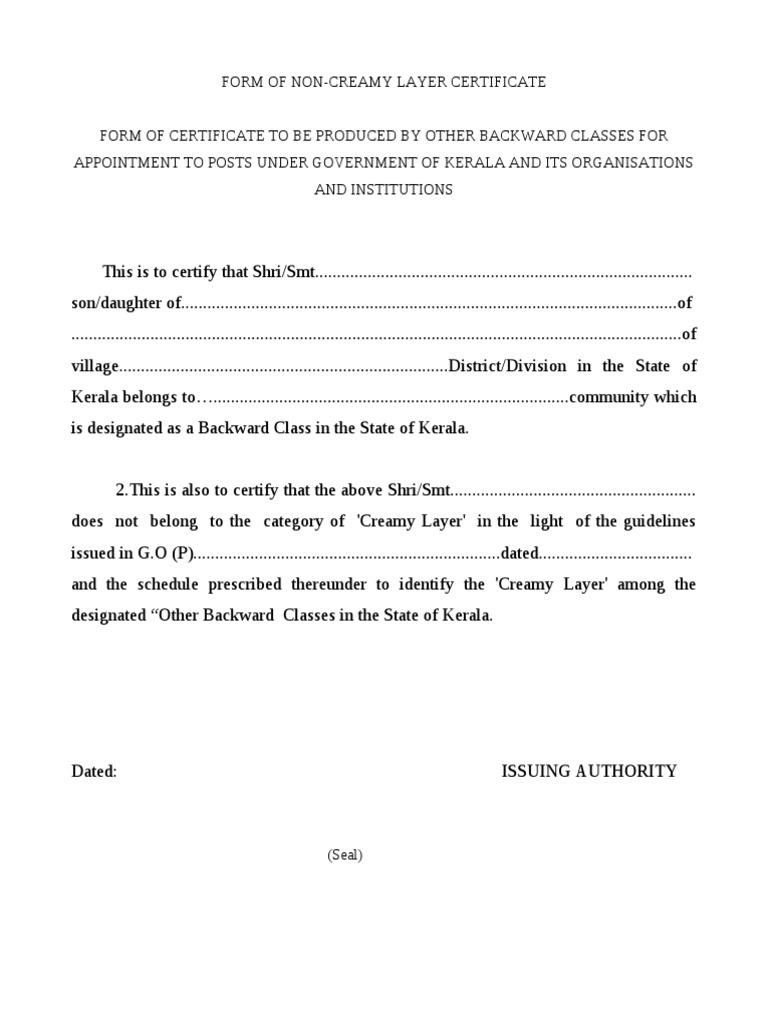 Form of Non-Creamy Layer Certificate | PDF