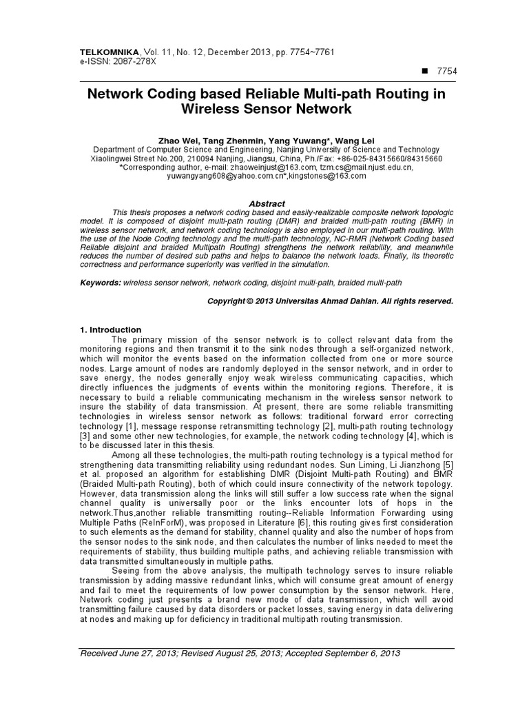 Network Coding Based Reliable Multi-Path Routing in Wireless Sensor Network | PDF | Routing ...