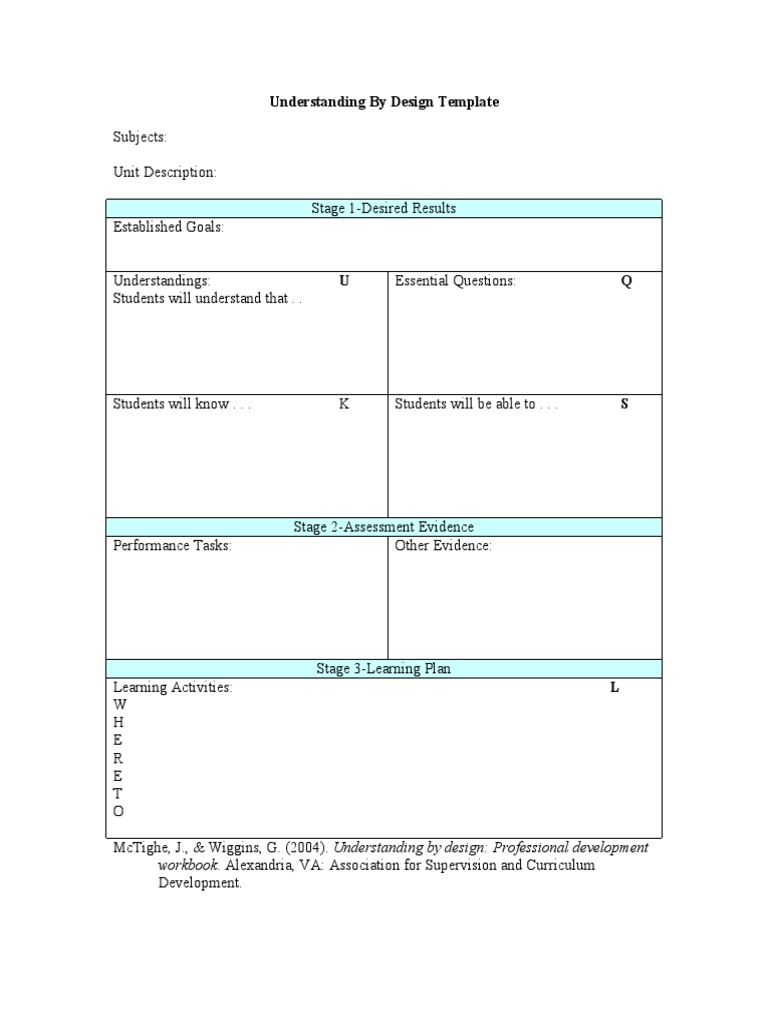 Understanding by Design Template: Workbook. Alexandria, VA: Association ...