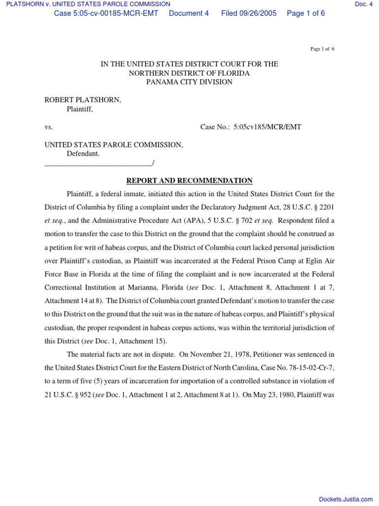 Platshorn v. US Parole Commission Case Review | PDF | Habeas Corpus ...