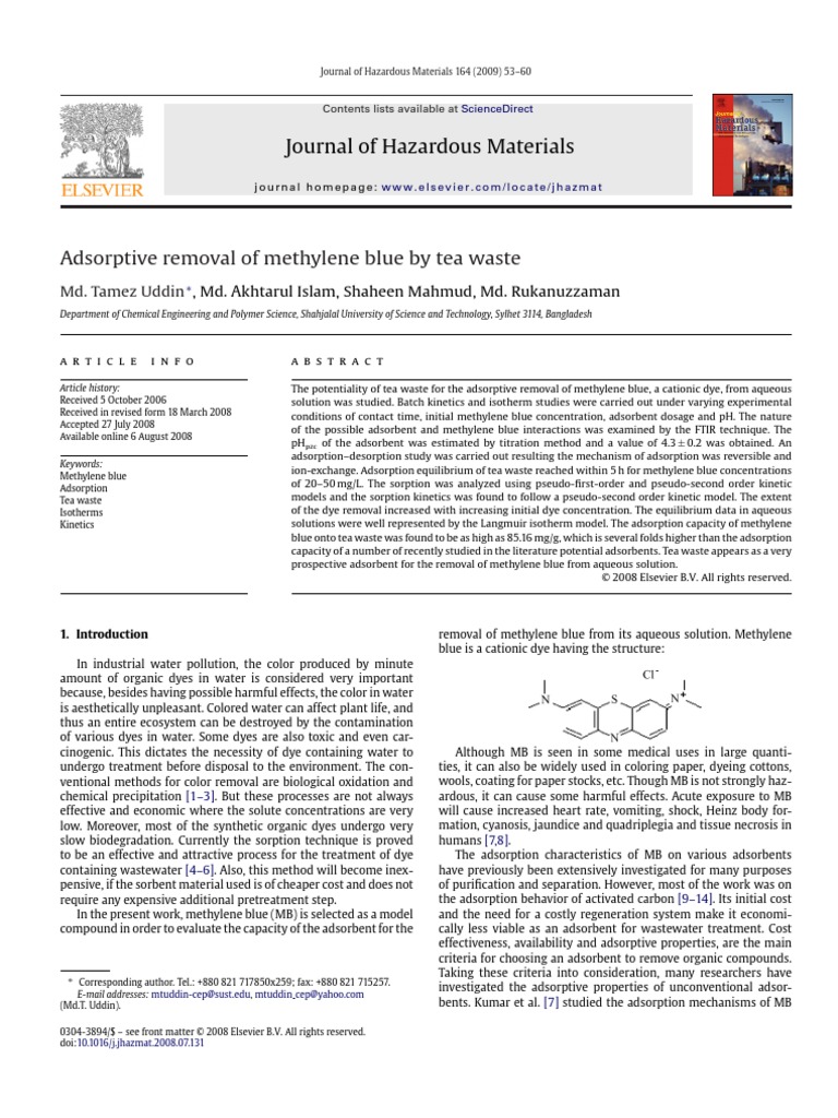 Adsorptive Removal of Methylene Blue by Tea Waste PDF | PDF ...