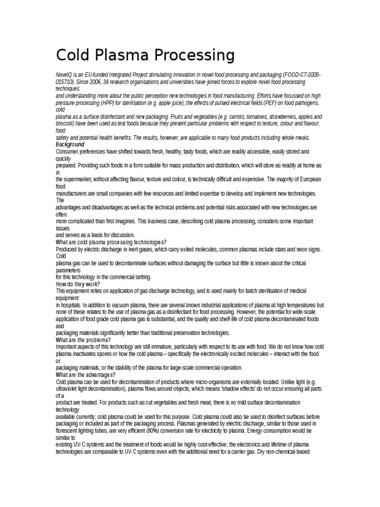 Cold Plasma Processing | PDF | Food Processing | Foods