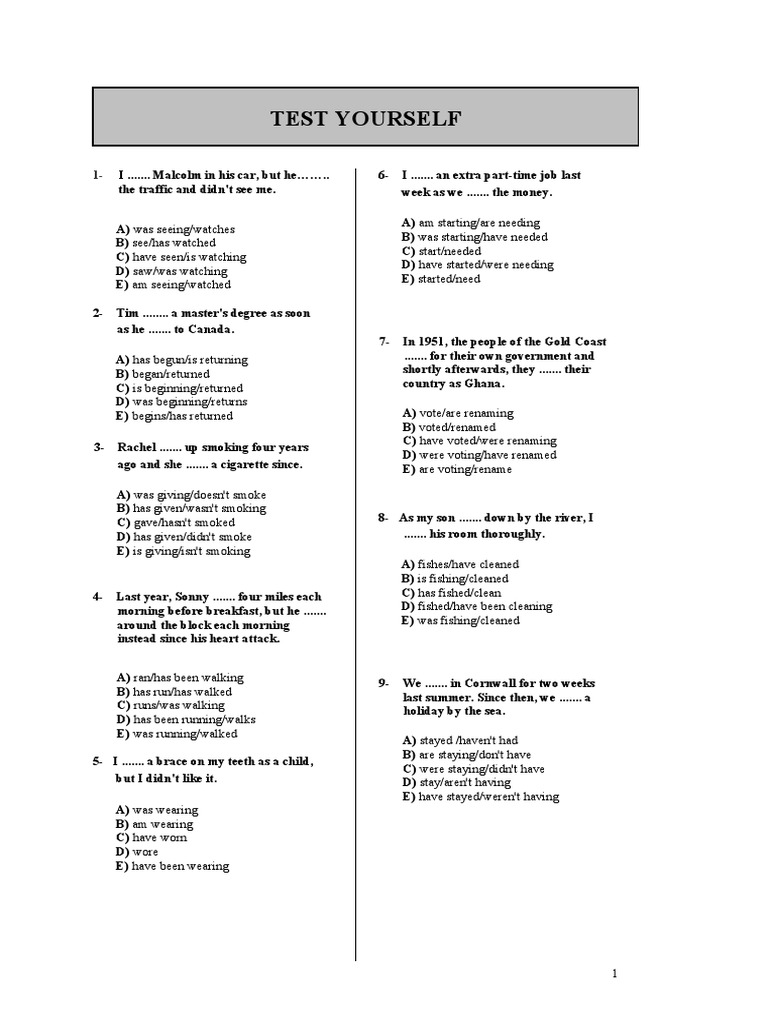 Grammar Test on Verb Tenses | PDF