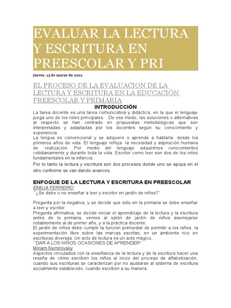 Evaluar La Lectura y Escritura en Preescolar y Pri | PDF | Educación de ...