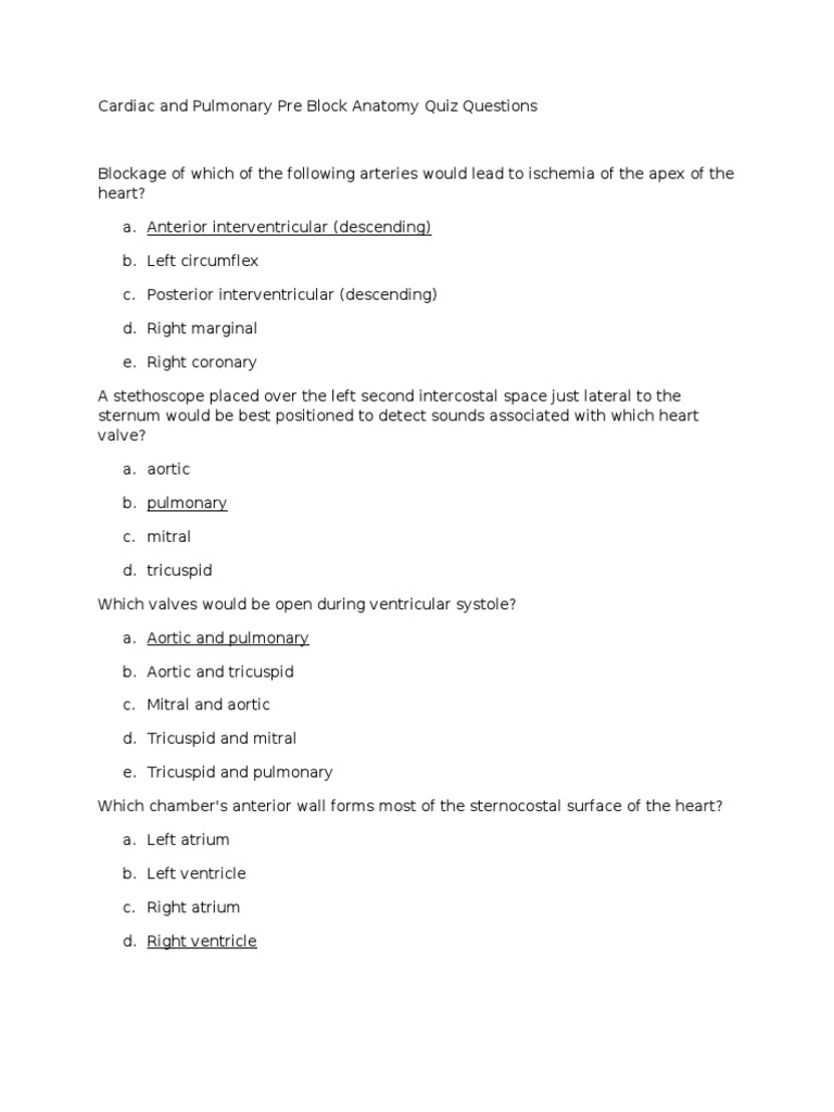 Cardiac and Pulmonary Pre Block Anatomy Quiz Questions | PDF | Heart ...