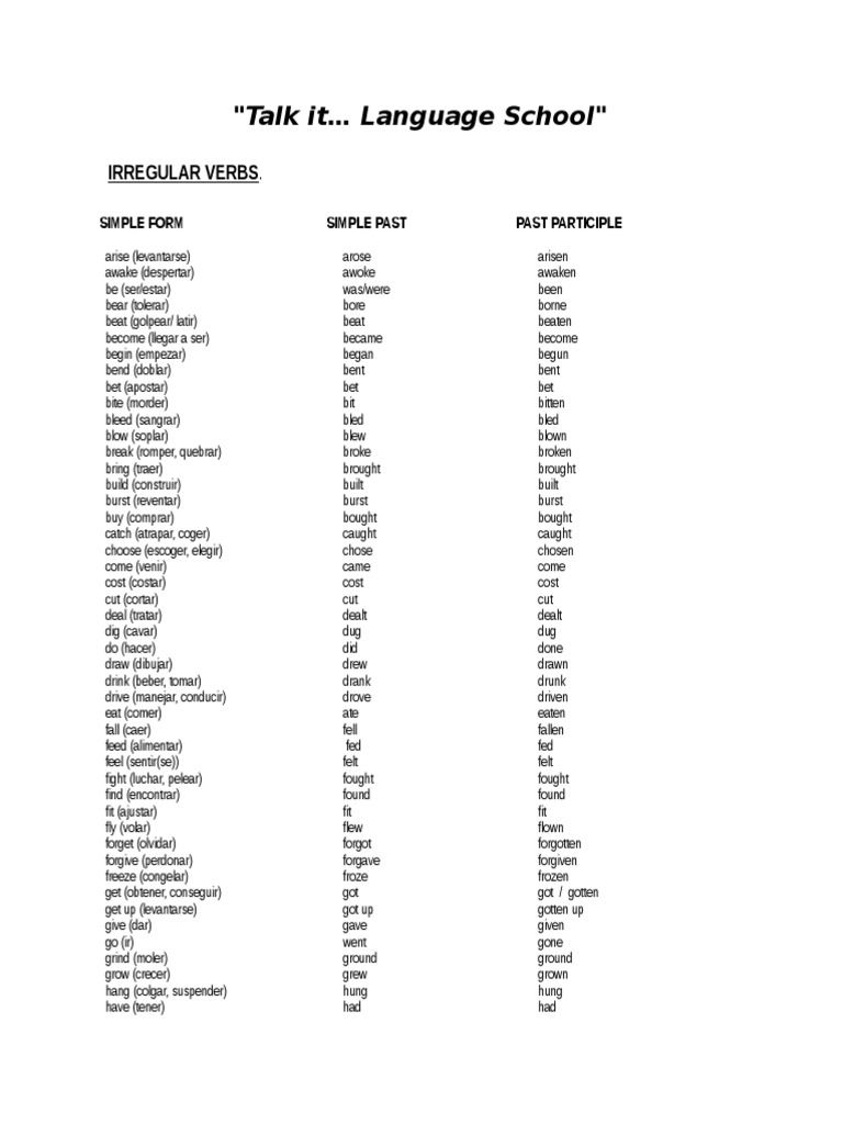 "Talk It Language School": Irregular Verbs | PDF | Rules | Grammatical ...