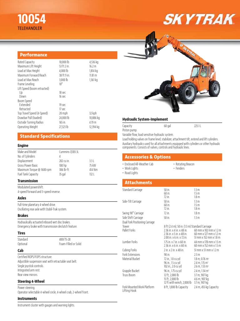 SkyTrak 10054 Telehandler Spec Sheet | PDF | Steering | Transmission ...