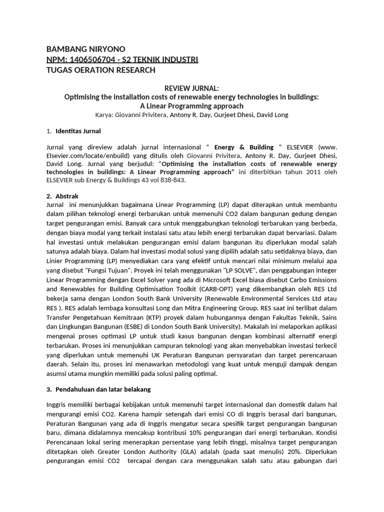 Review Jurnal-Renewable Energy Linear Programming | PDF