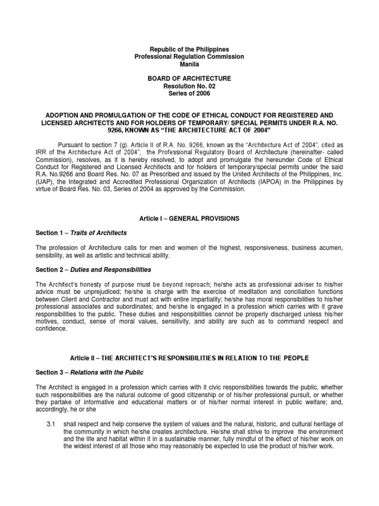 PRC-BOA Res. No. 2 Series of 2006 - Architect - S Code of Ethics | PDF ...