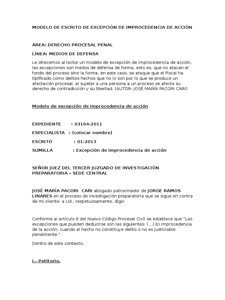 Modelo de Escrito de Excepción de Improcedencia de Acción | PDF | Ley procesal | Derecho penal