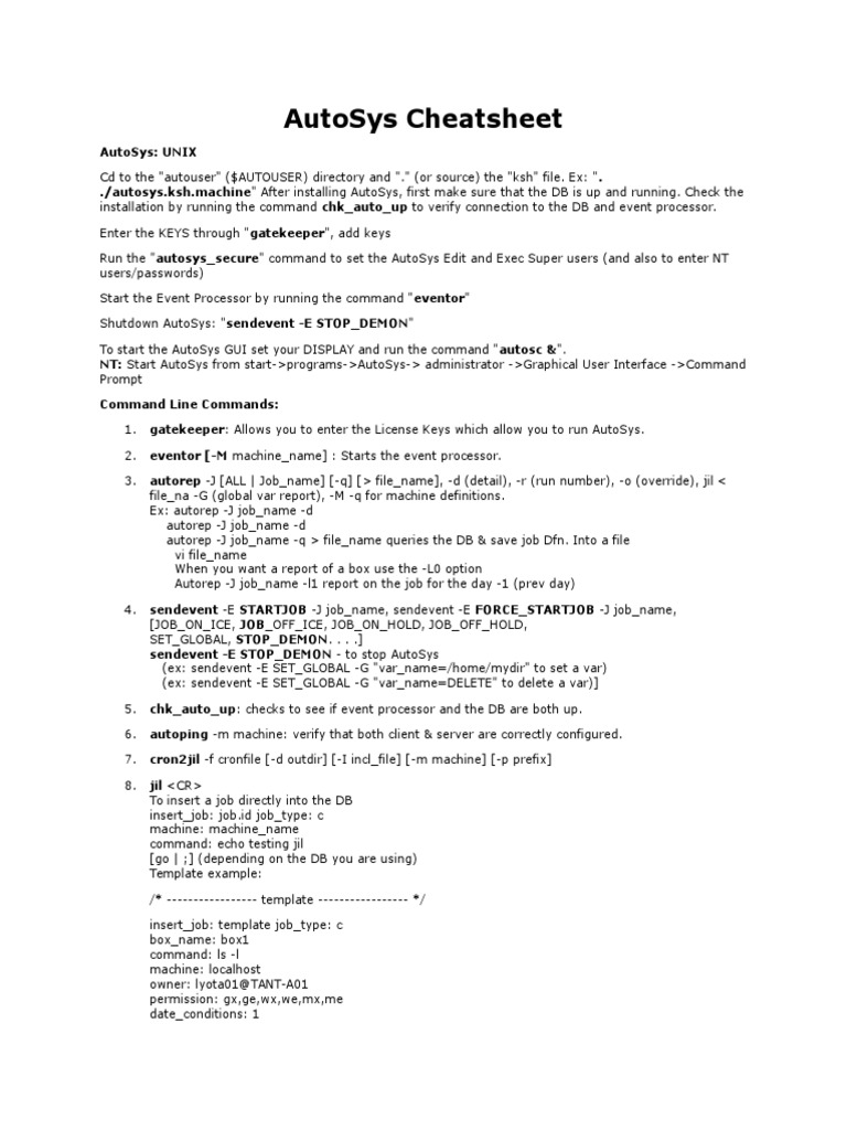 AutoSys Cheatsheet | PDF | Command Line Interface | Scheduling (Computing)