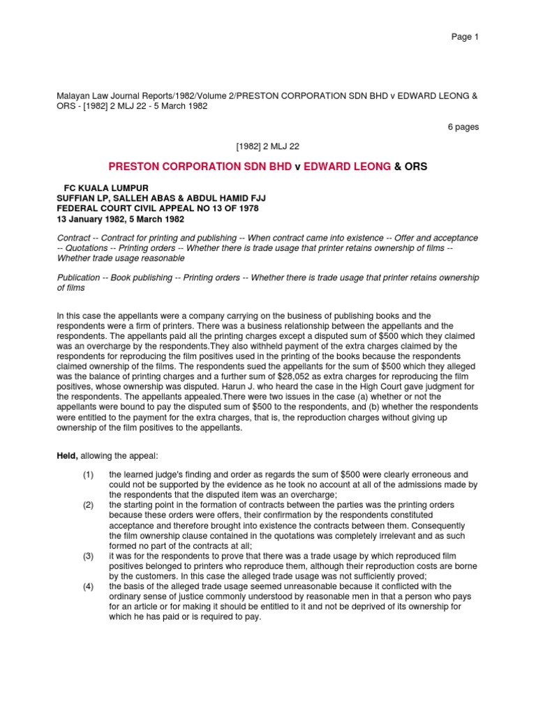 Preston Corp v Edward Leong Appeal Decision | PDF | Offer And ...